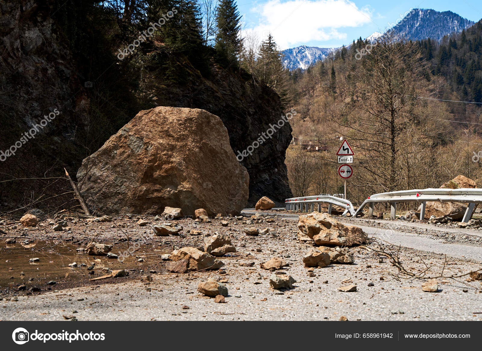 Huge Rock Fell Mountains Road Destroying Asphalt Blocking Half Roadway ...