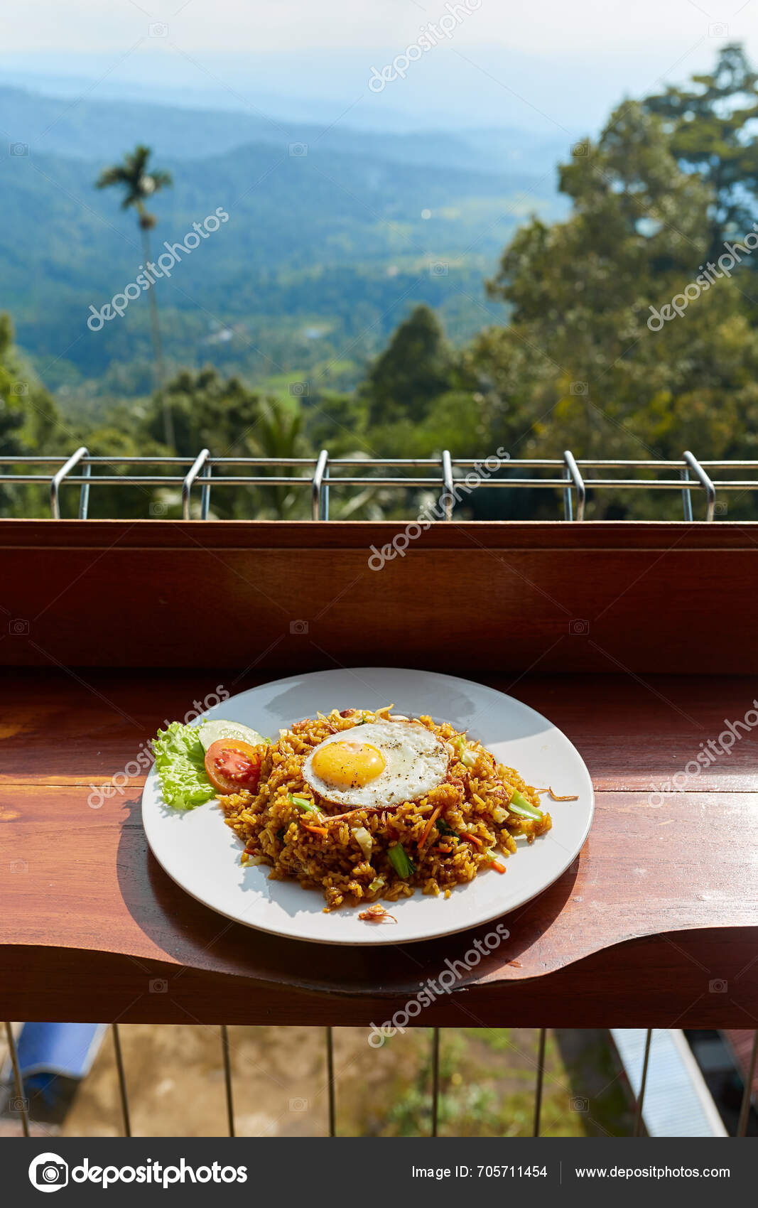 Plate Traditional Asian Rice Egg Breakfast Outdoor Cafe View Mountains ...