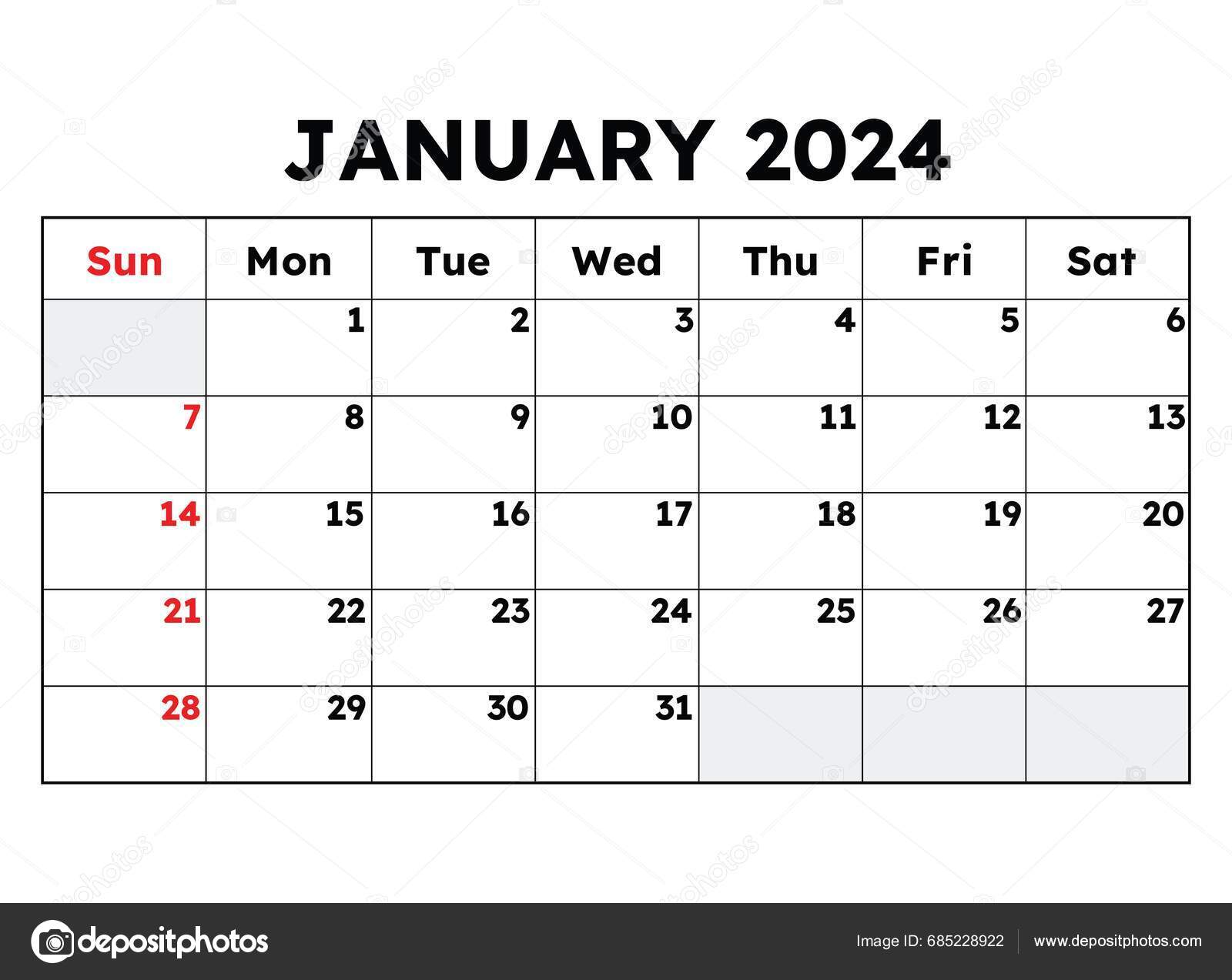 January 2024 Calendar Vector Illustration Monthly Planning Your ...