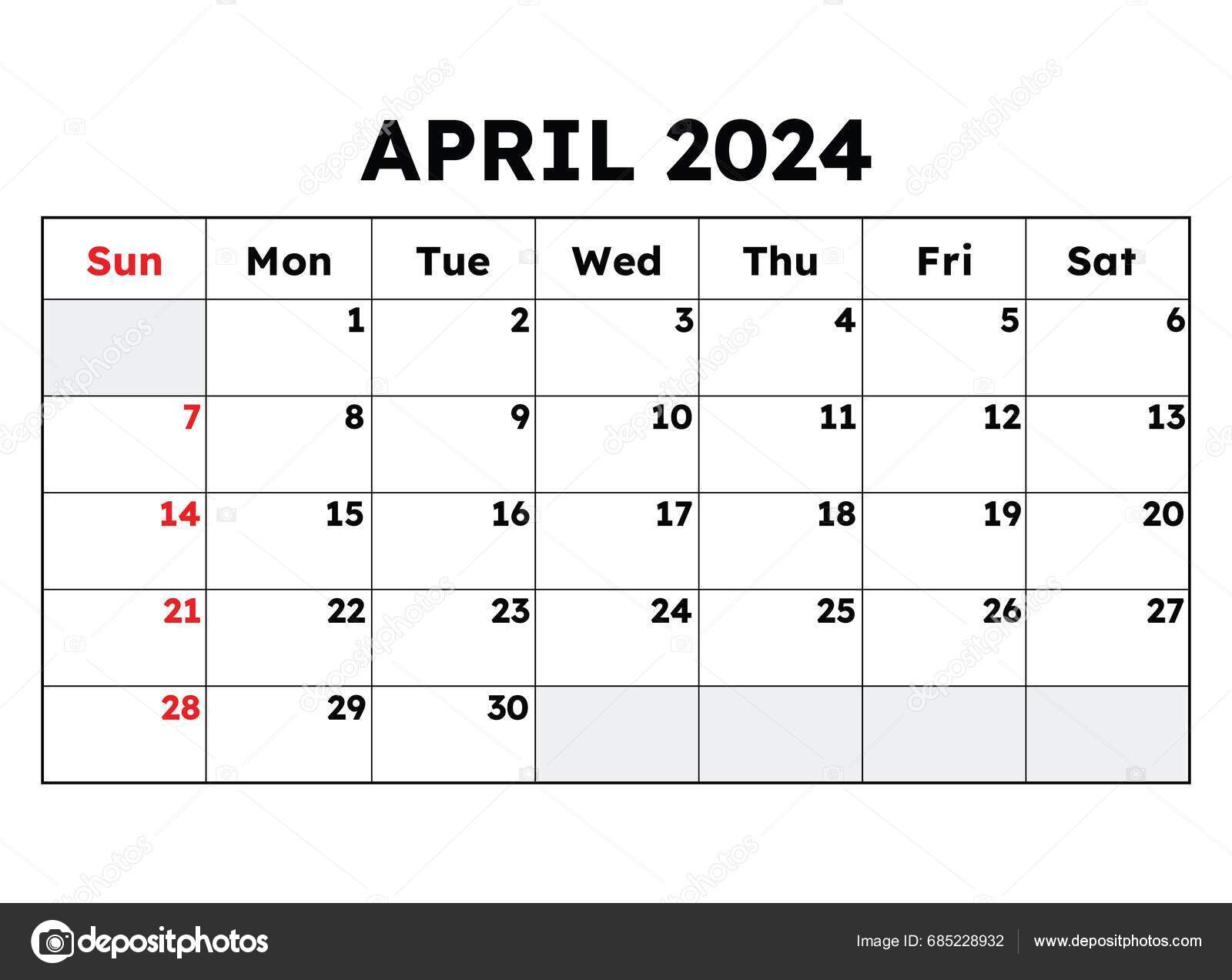 Calendario Abril 2024 Ilustración Vectorial Planificación Mensual Sus ...
