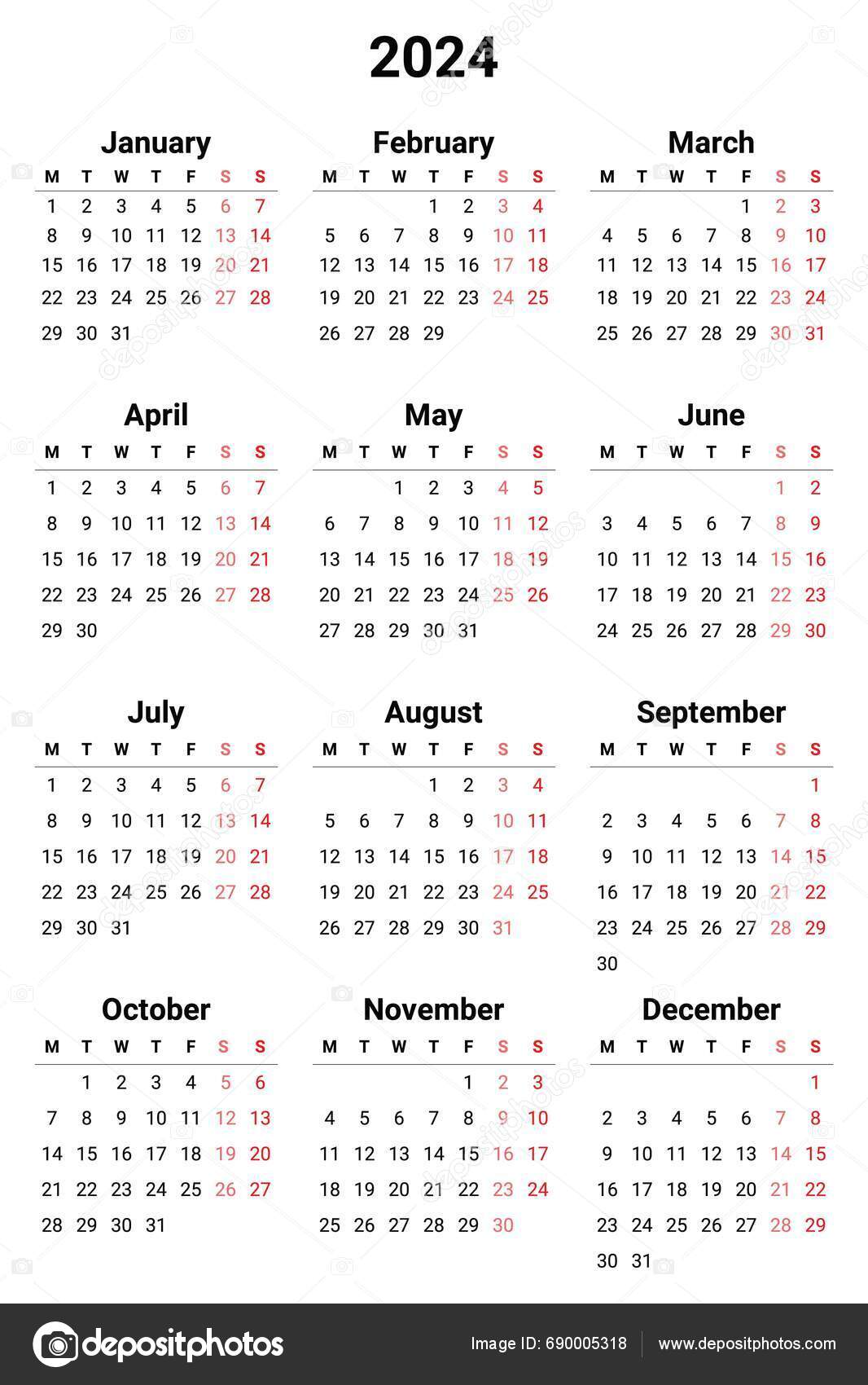 Image vectorielle 2024 Calendrier Anglais Vertical Semaine Commence ...