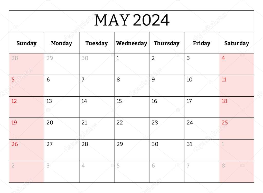 Mayo 2024 Calendario Mensual Inglés Ilustración Imprimible Vectorial ...