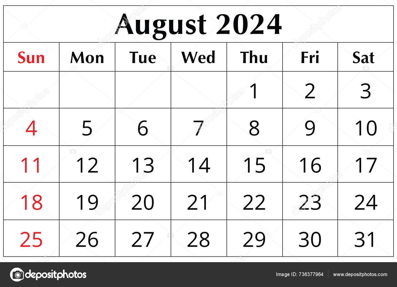 August 2024 English Month Calendar Printable Illustration Monthly ...