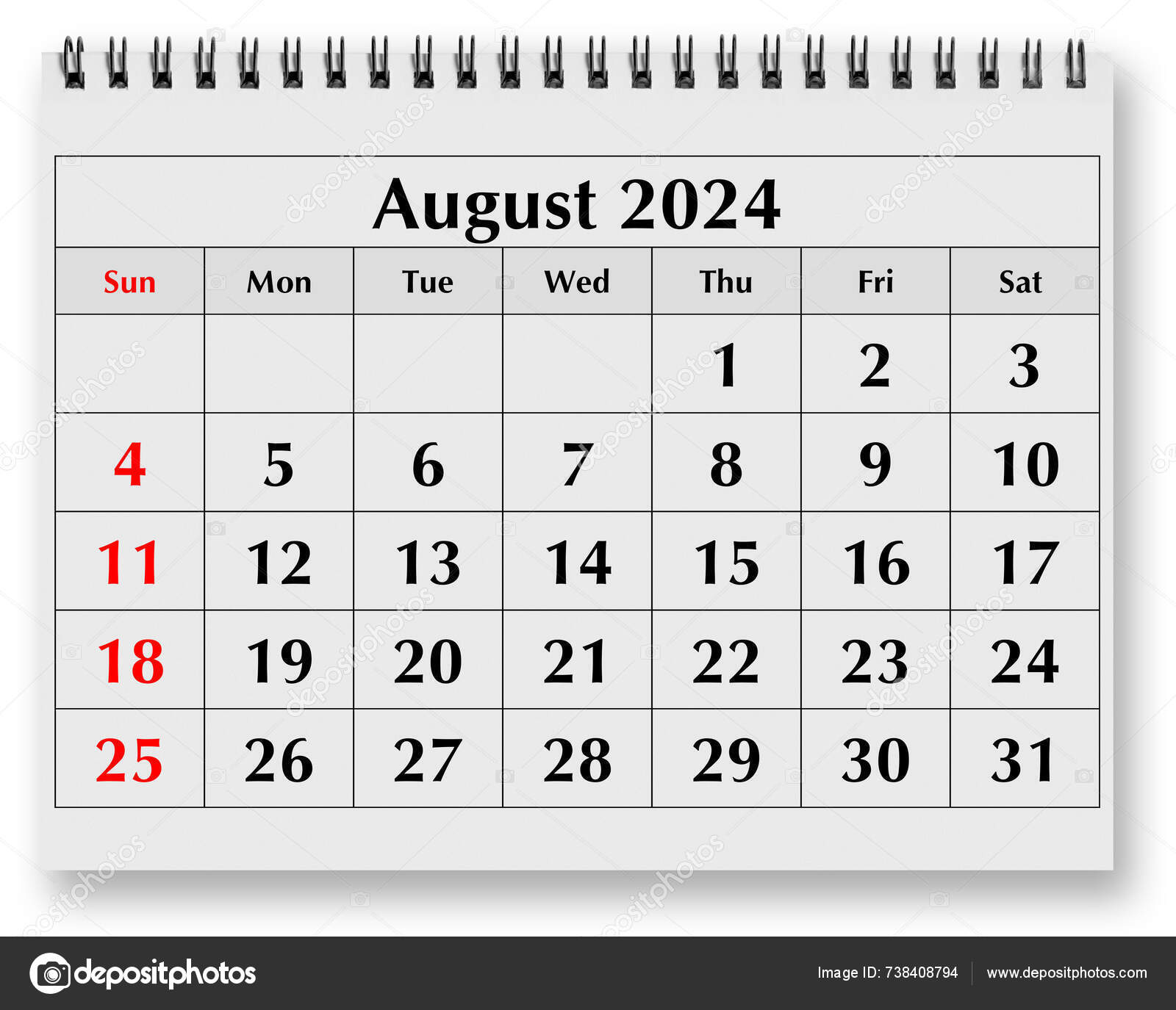 One Page Annual Monthly Calendar Month August 2024 — Stock Photo ...