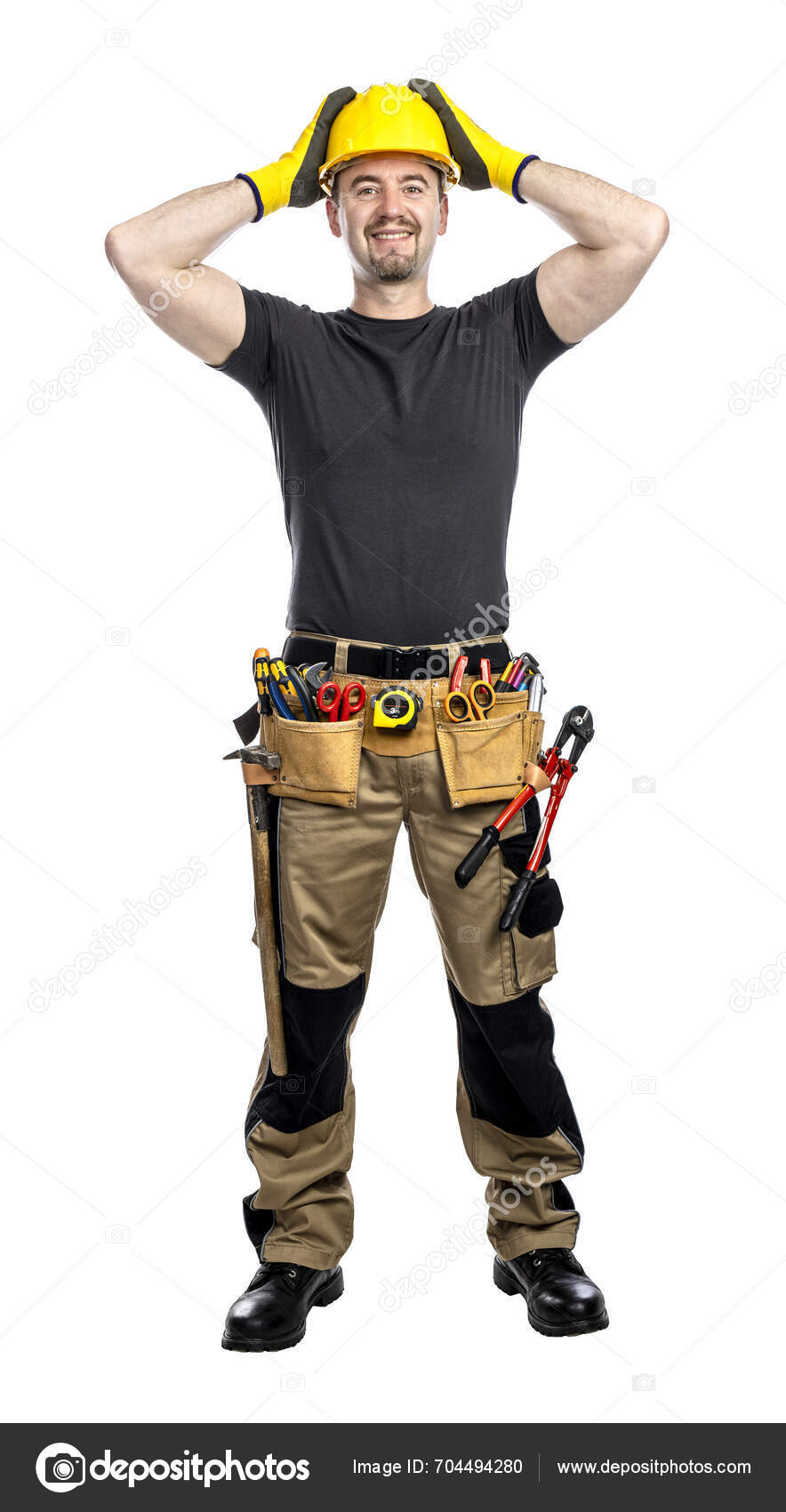 Smiling Worker Hard Hat Tool Belt Standing White Background — Stock ...