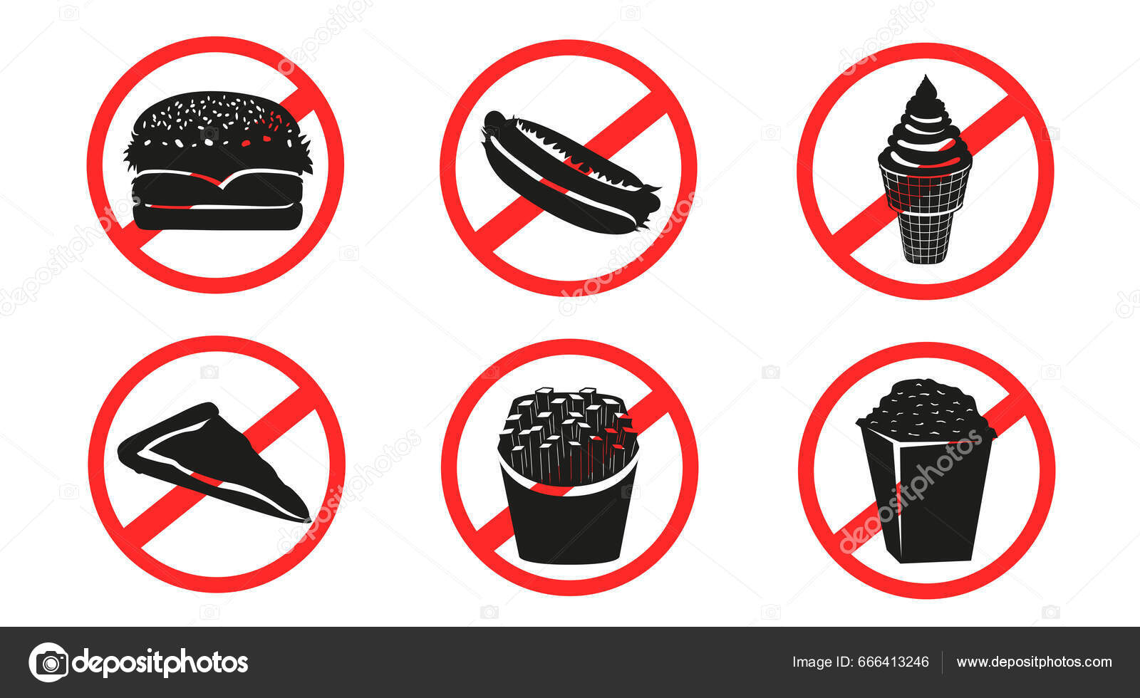 Prohibido Comida Rápida Etiqueta Silueta Signo Conjunto Aislado Sobre ...