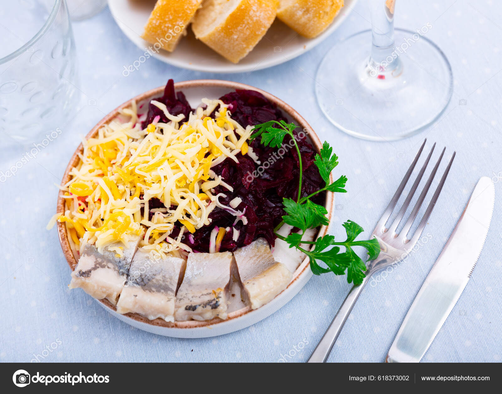 Sliced Pickled Mackerel Fish Boiled Beet Salad Cheese Garnished Fresh ...