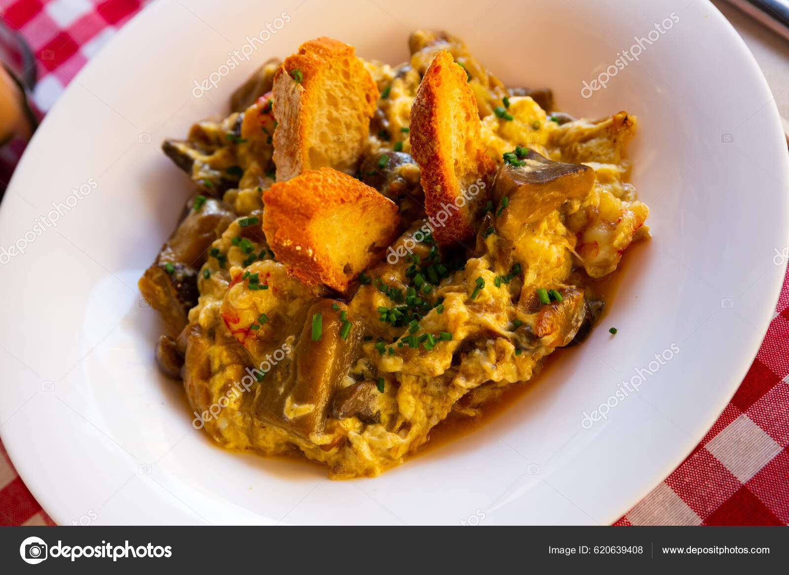 Typical Dish Catalan Cuisine Scrambled Eggs Ceps Prawns Caramelized ...