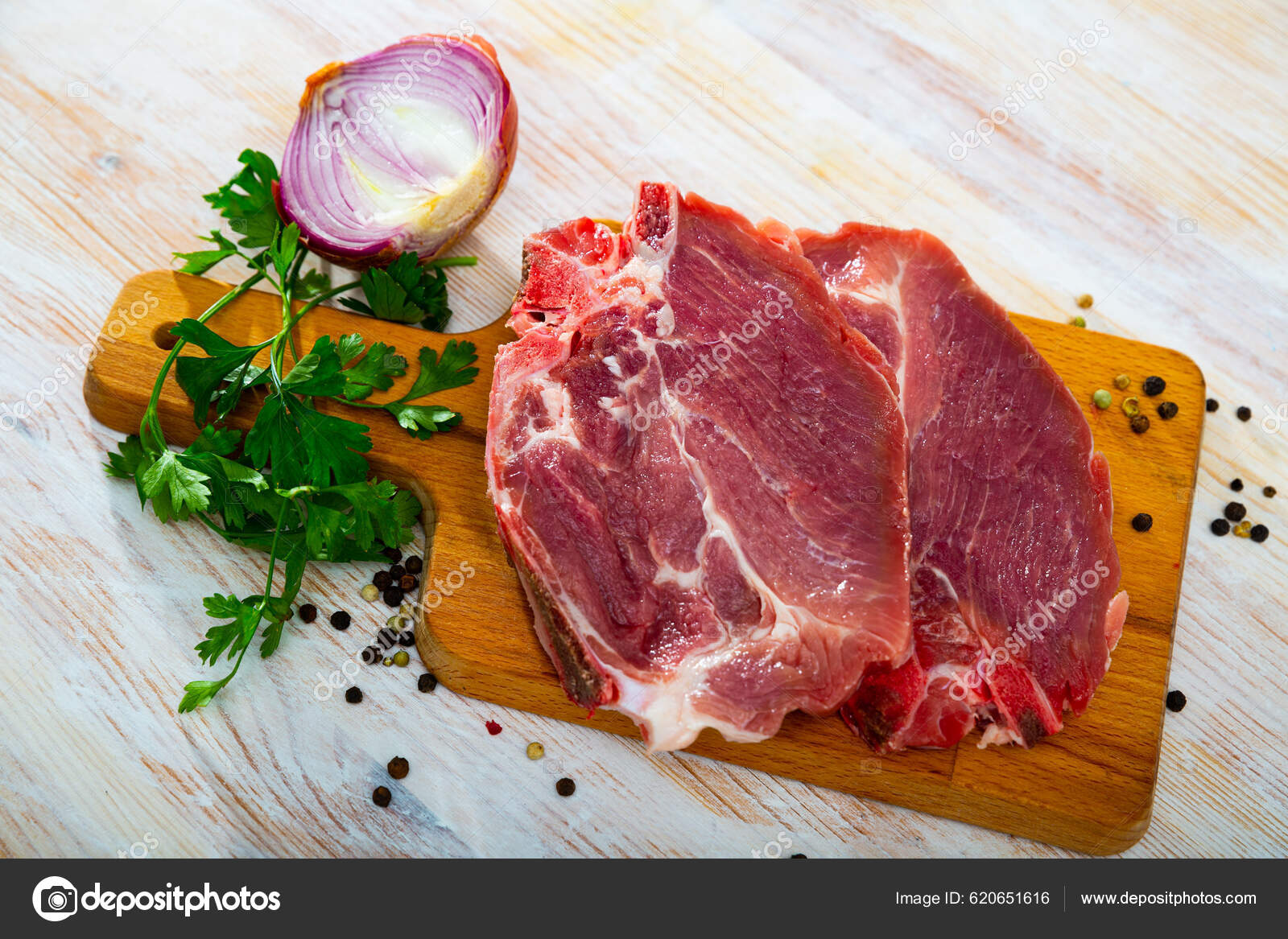 Raw Pork Chop Cutting Board High Quality Photo — Stock Photo © Jim ...