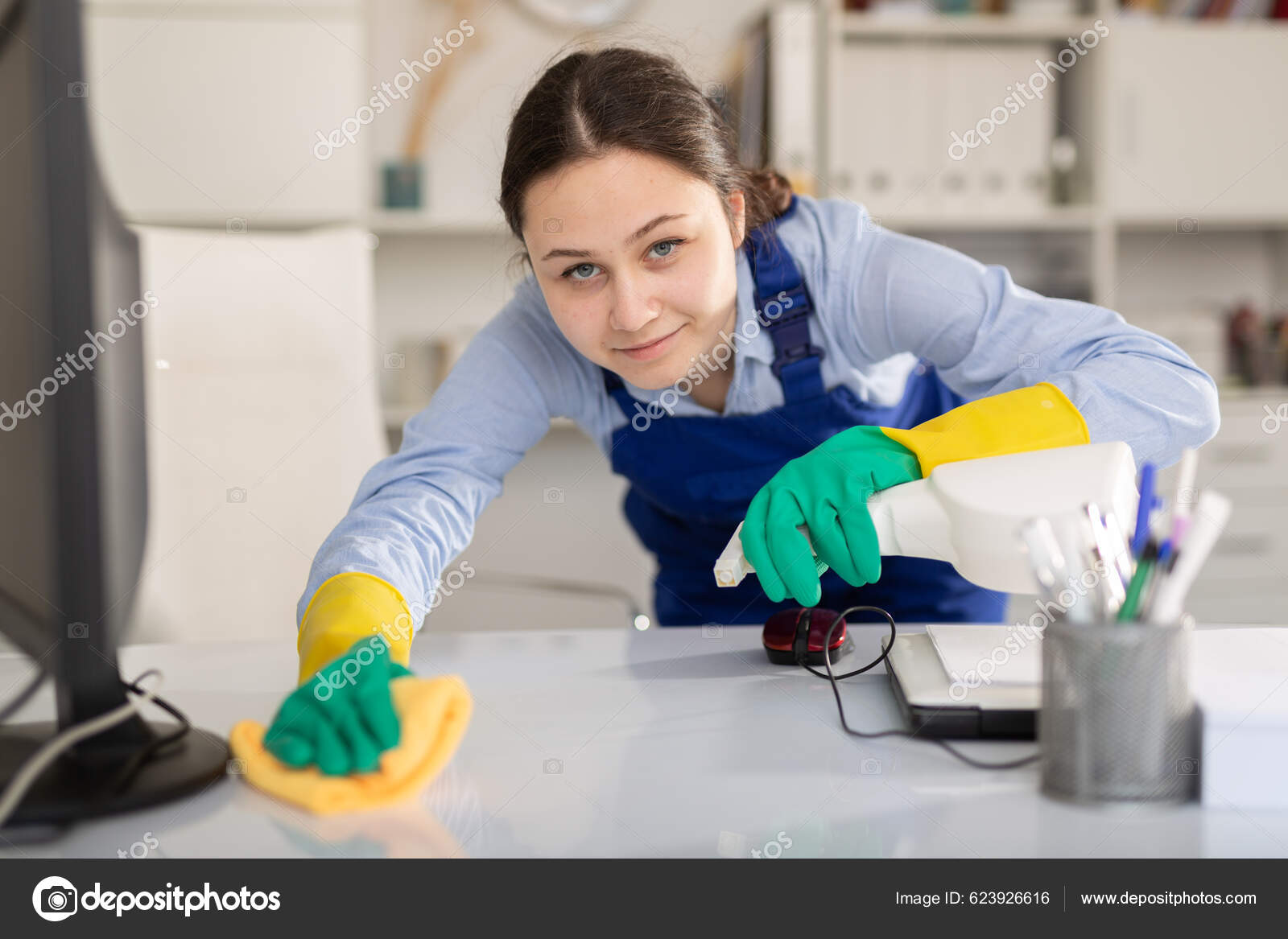 Young Girl Cleans Desktop Office Rag Cleaning Products Stock Photo by ...