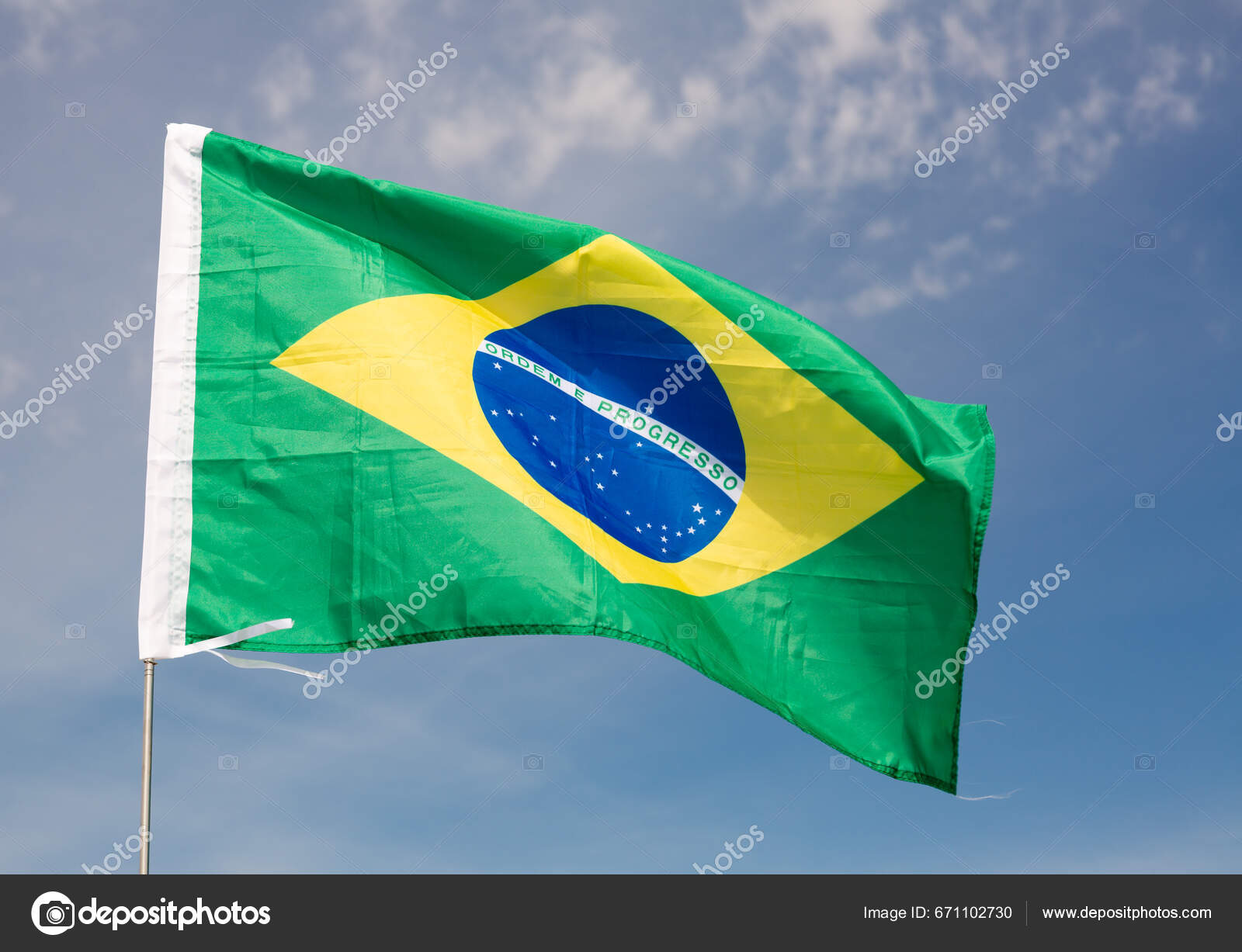 Brazil Flag Waving Blue Sky — Stock Photo © Jim_Filim #671102730