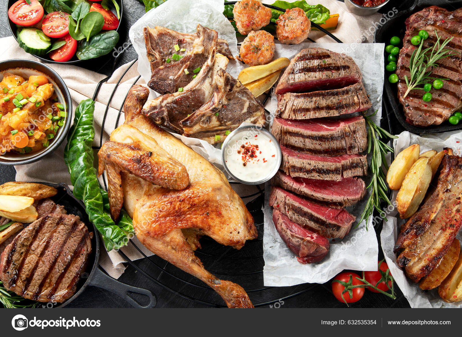 Various Types Healthy Cooked Meat Beef Pork Chicken Dark Background ...