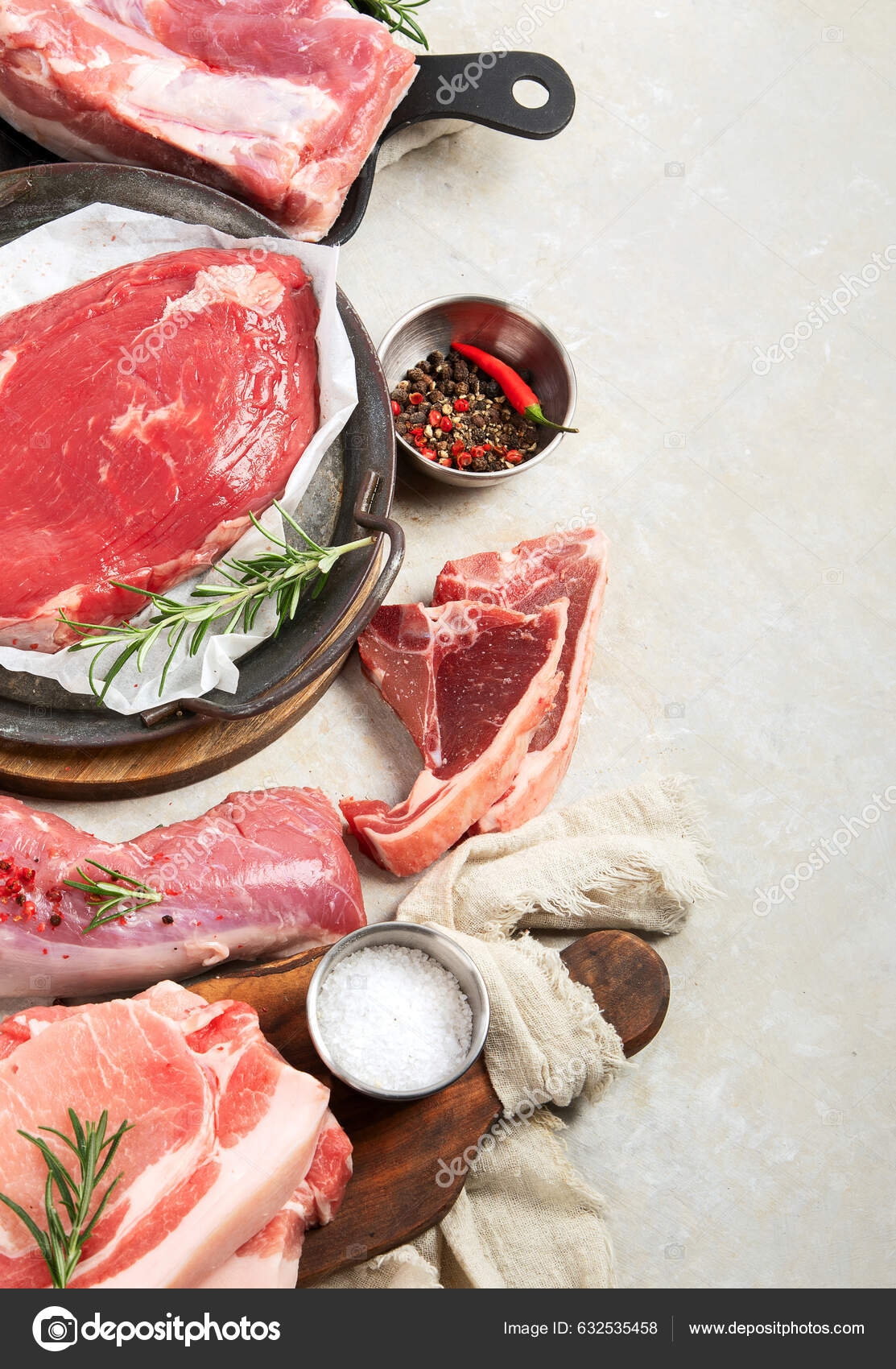 Various Types Fresh Meat Pork Beef Chicken Grey Background Top — Stock ...