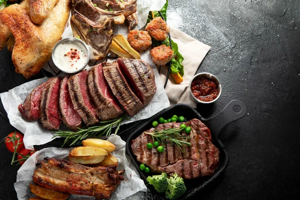 Various Types Healthy Cooked Meat Beef Pork Chicken Dark Background ...