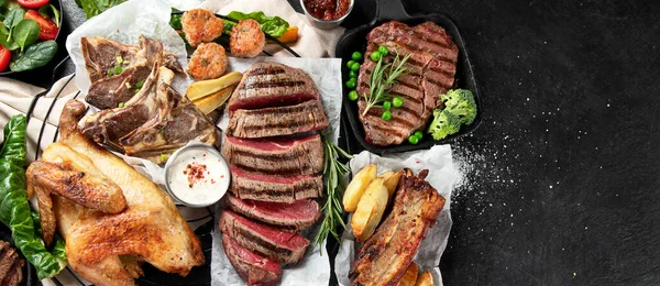 Various Types Healthy Cooked Meat Beef Pork Chicken Dark Background ...