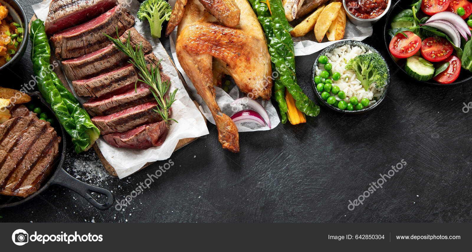 Various Types Healthy Cooked Meat Beef Pork Chicken Dark Background ...