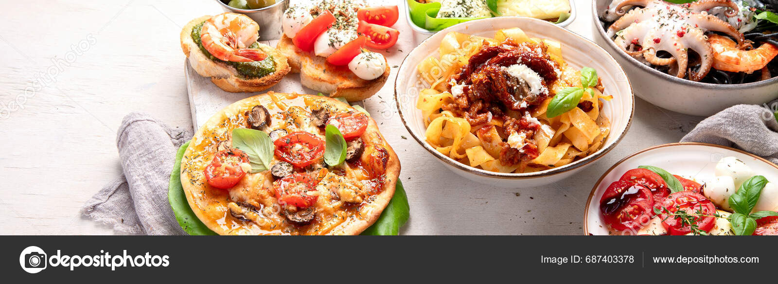 Full Table Italian Meals Plates Pizza Pasta Ravioli Caprese Salad ...