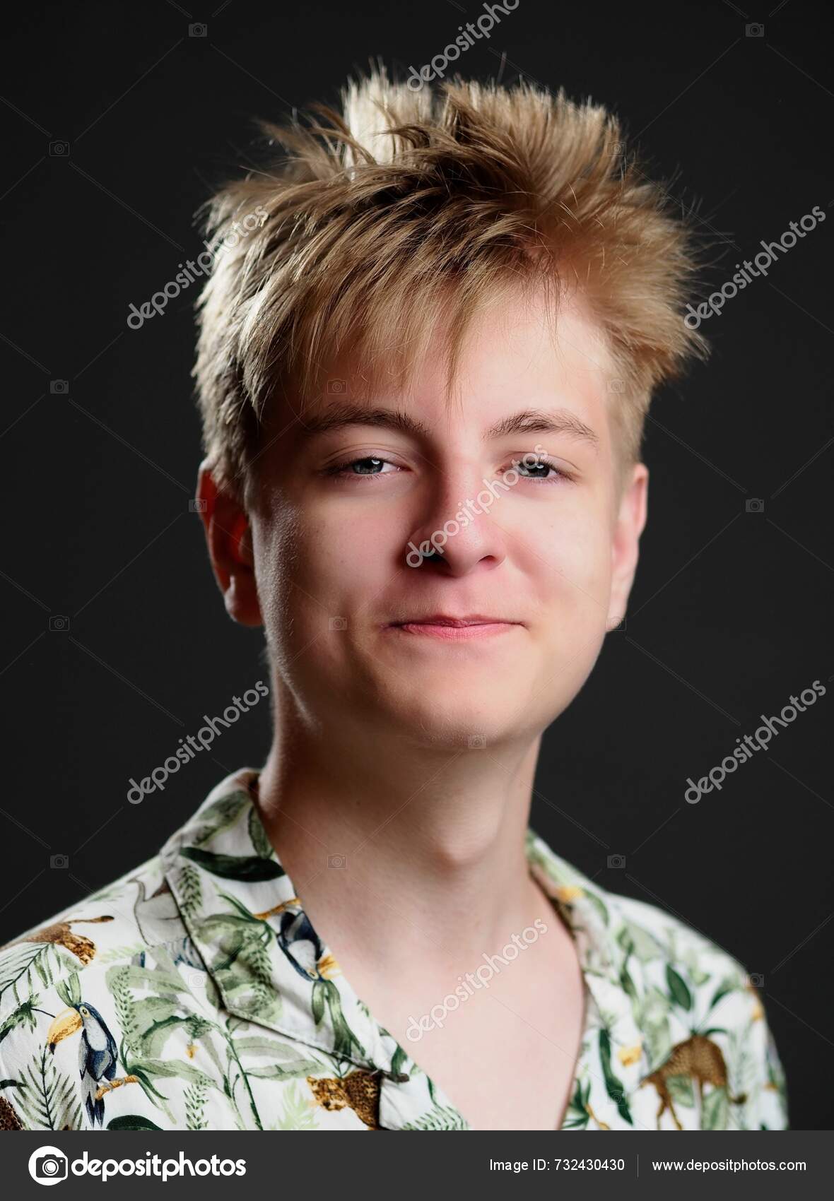 Studio Portrait Affable Caucasian Young Man Blond Hair Blue Eyes ...