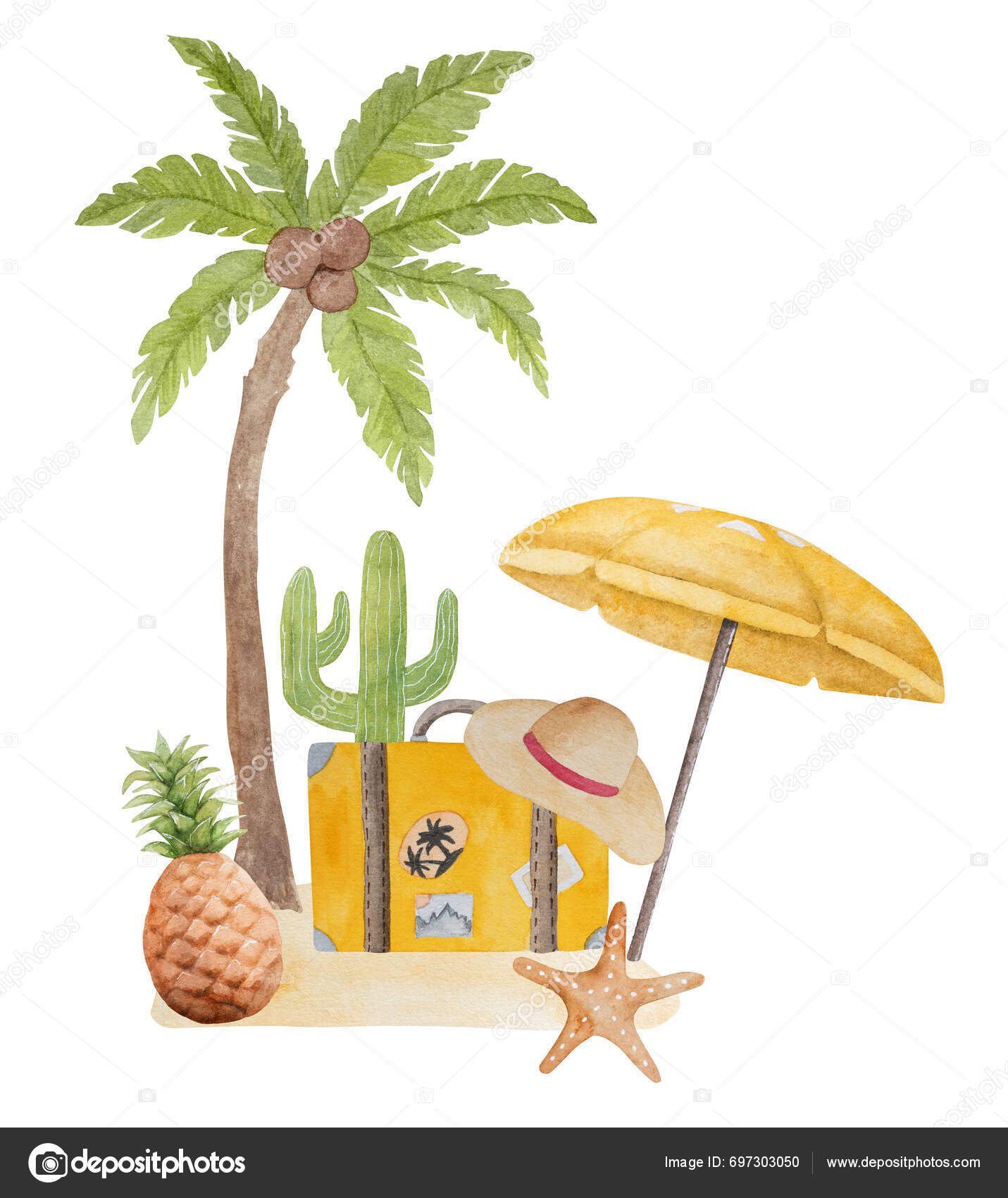 Hand Painted Watercolor Summer Clipart Features Island Palm Tree Yellow ...