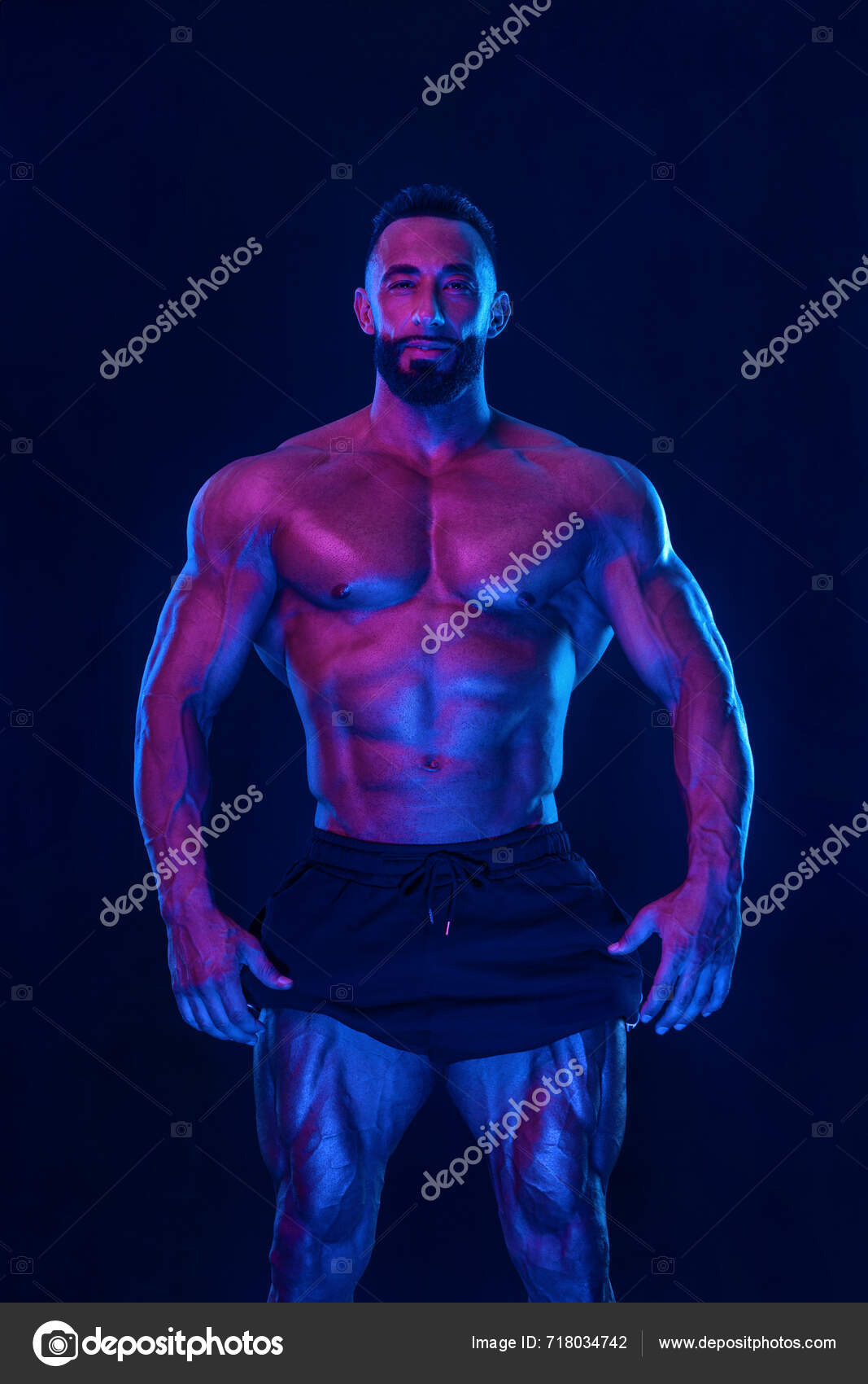 Athlete Bodybuilder Neon Colors Fit Man Posing Black Background Sports ...