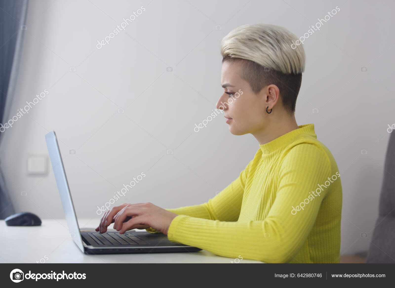Short Haired Woman Working Laptop Home Focused Freelance Programmer ...
