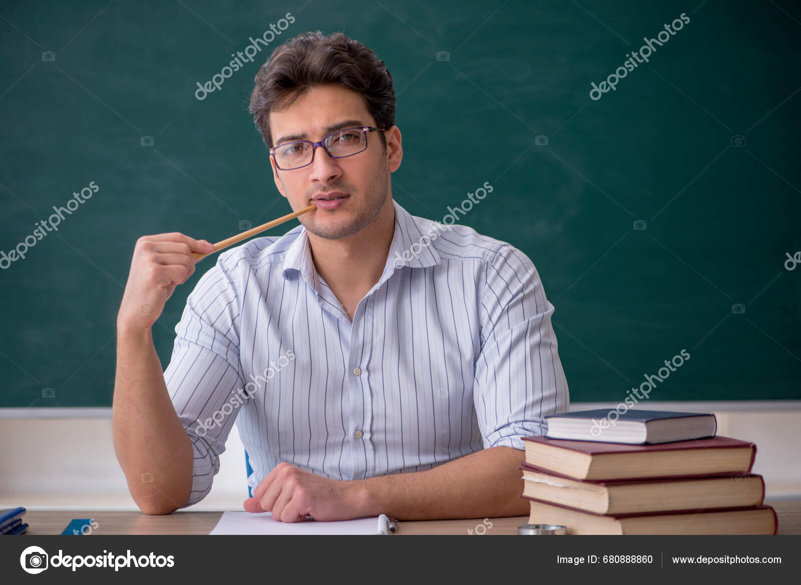 Young Teacher Front Green Board — Stock Photo © Elnur_ #680888860