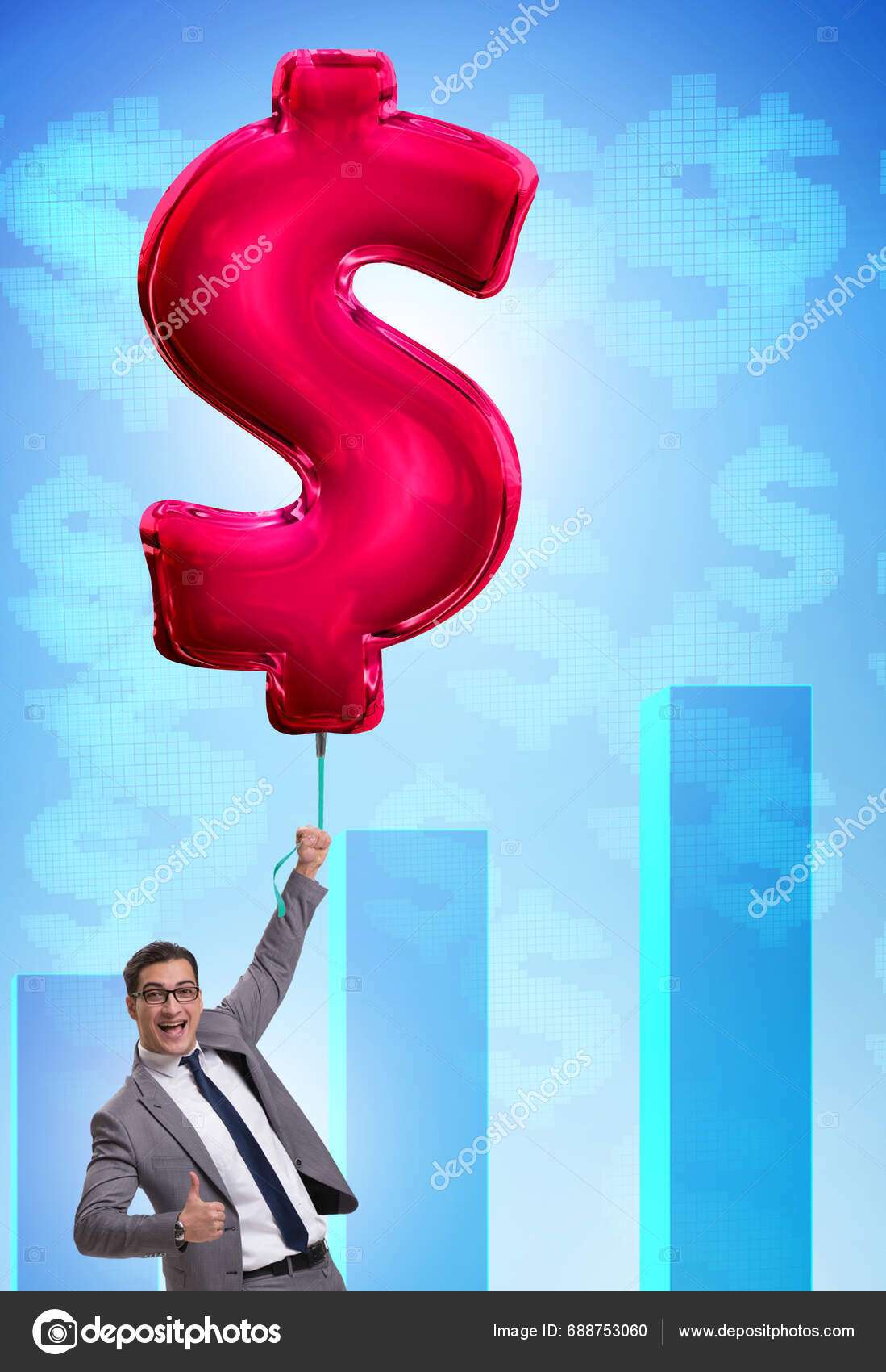 Businessman Flying Dollar Sign Inflatable Balloon Financials Charts ...
