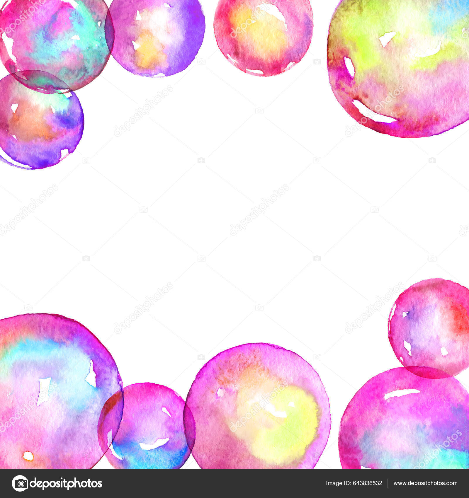 Pink Watercolor Soap Bubbles Frame White Background Hand Drawn ...