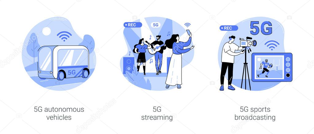 La tecnología 5G utiliza ilustraciones vectoriales de dibujos animados aisladas. 5G vehículo ...