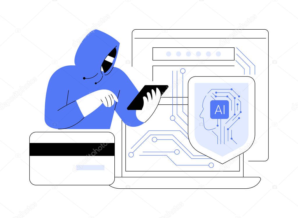Ilustración abstracta del vector concepto de prevención del fraude impulsado por la IA. Comercio ...