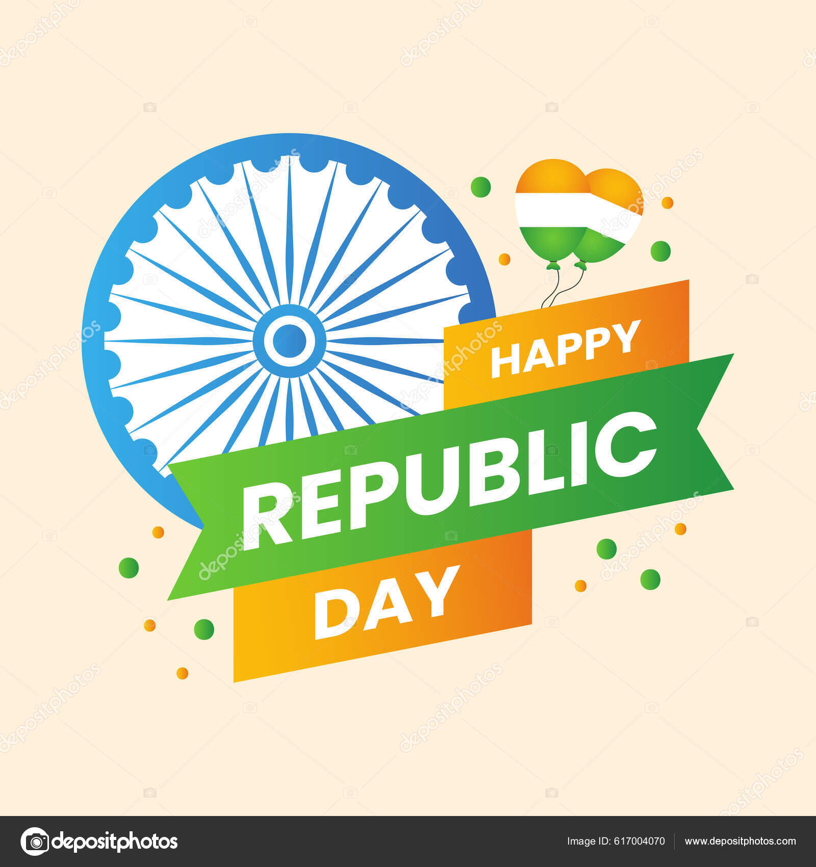 Happy Republic Day Text Strips Ashoka Wheel Balloons Peach Background ...