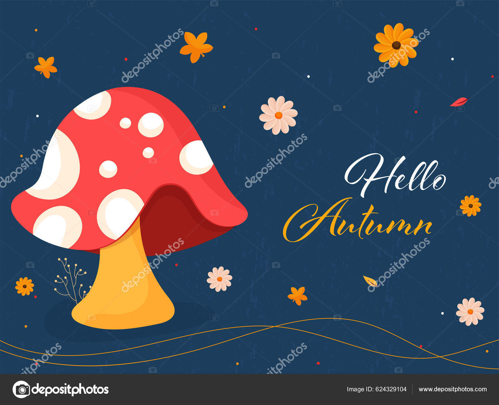Hello Autumn Poster Design Toadstool Flowers Leaves Decorated Blue ...