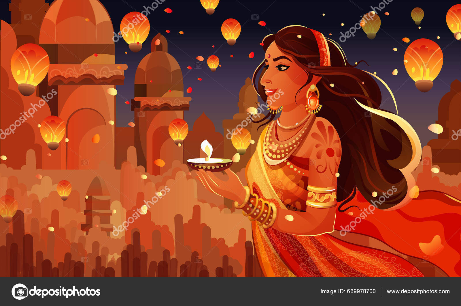 Diwali Celebration Baggrund Med Indisk Kvinde Karakter Holding Belyst ...