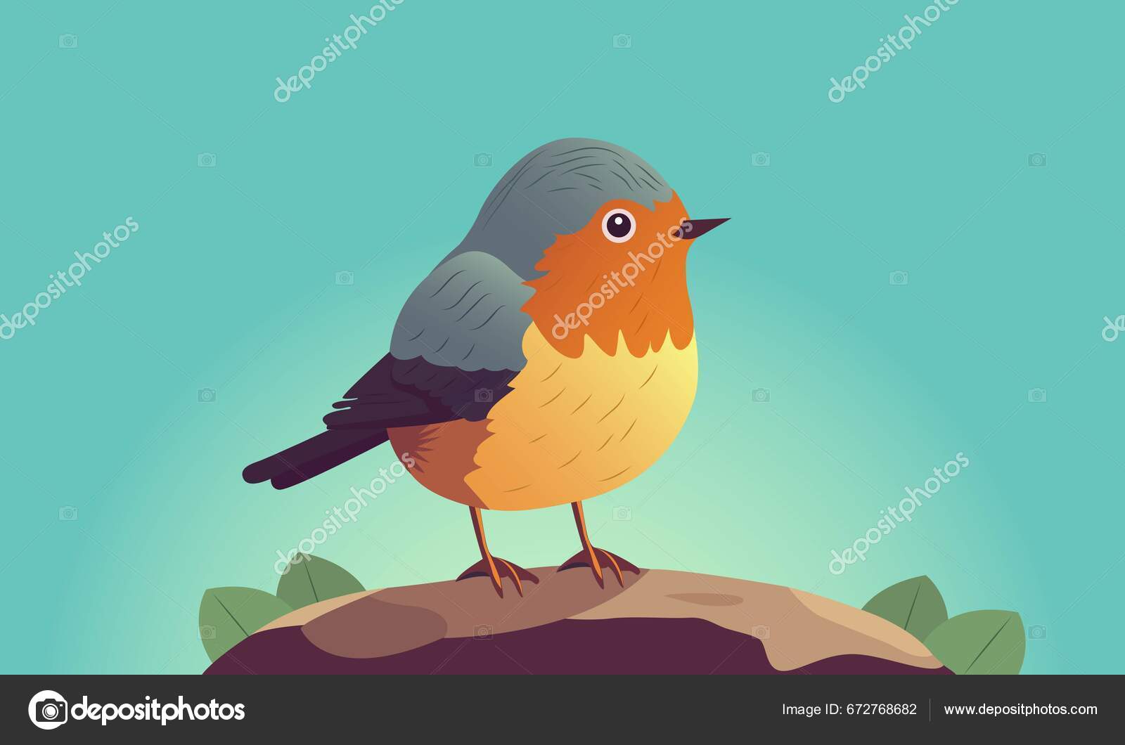 Isolated Robbin Bird Sit Rock Turquoise Backgorund Stock Vector by ...