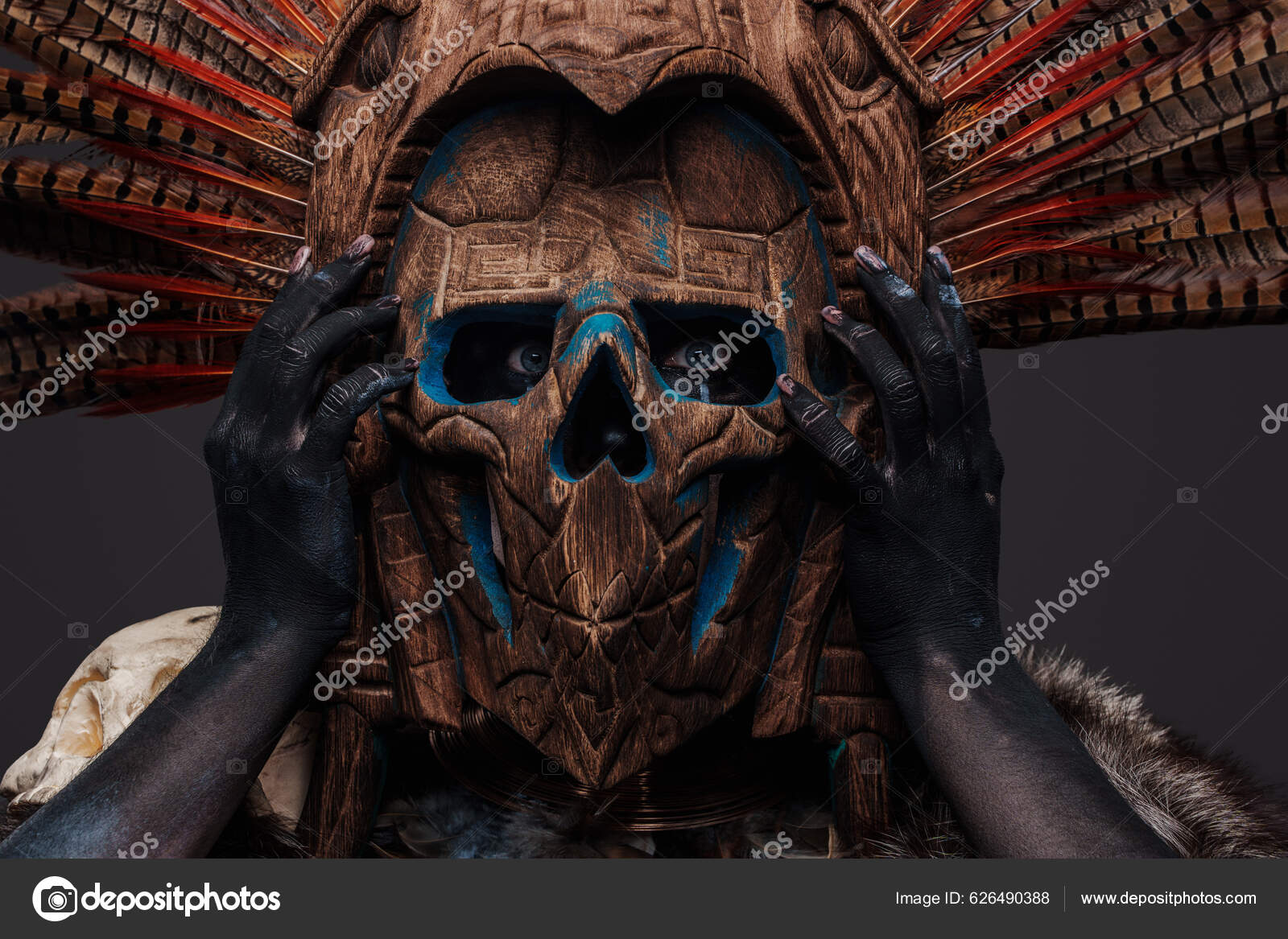 Headshot Isolated Grey Aztec Witch Mask Looking Camera — Stock Photo ...