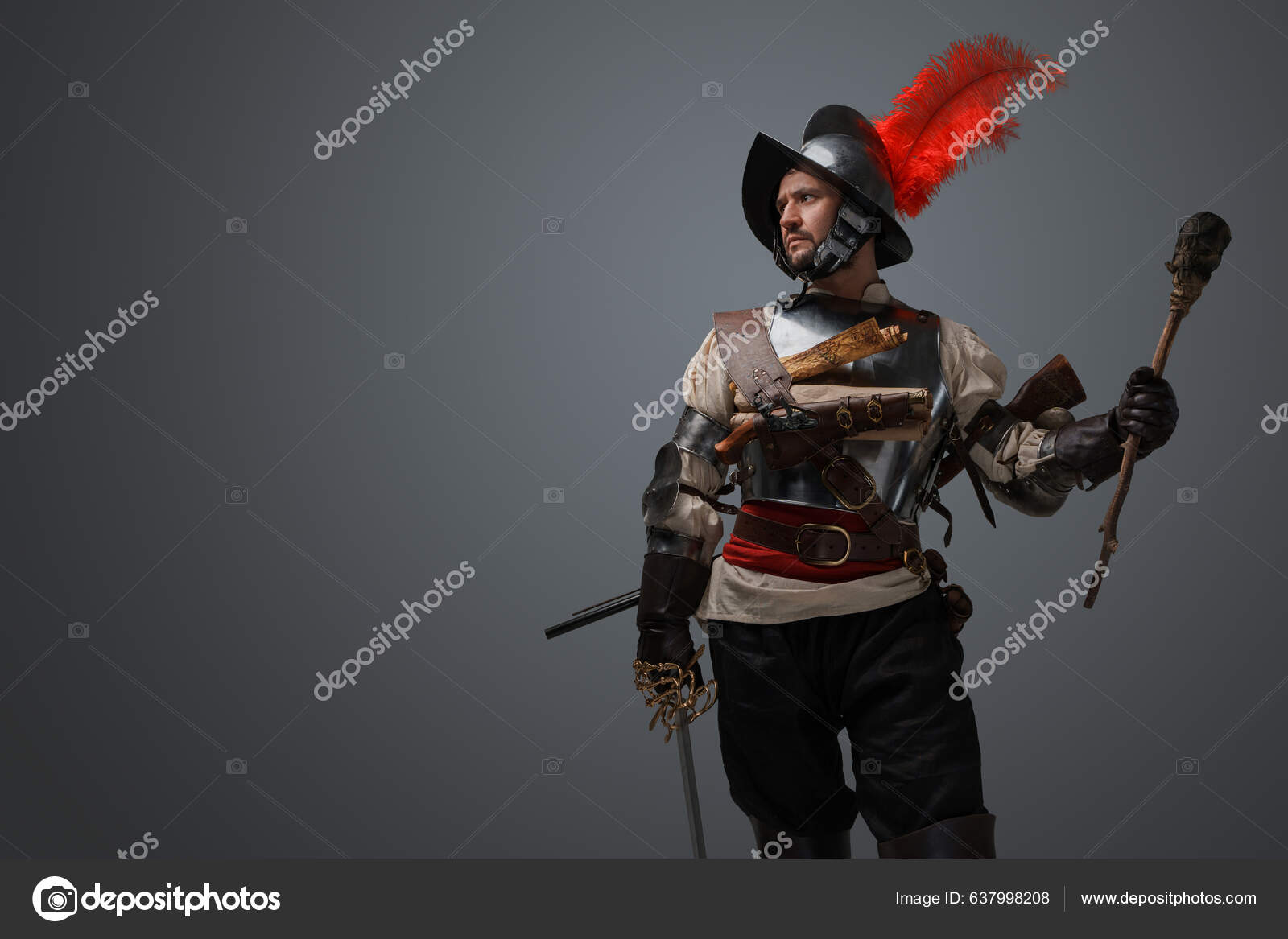 Portrait Medieval Musketeer Man Plate Armor Torch Isolated Grey Stock ...