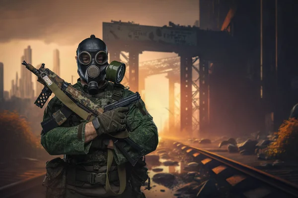 Portrait Serviceman Dressed Camouflage Uniform Gas Mask Holding Rifle ...