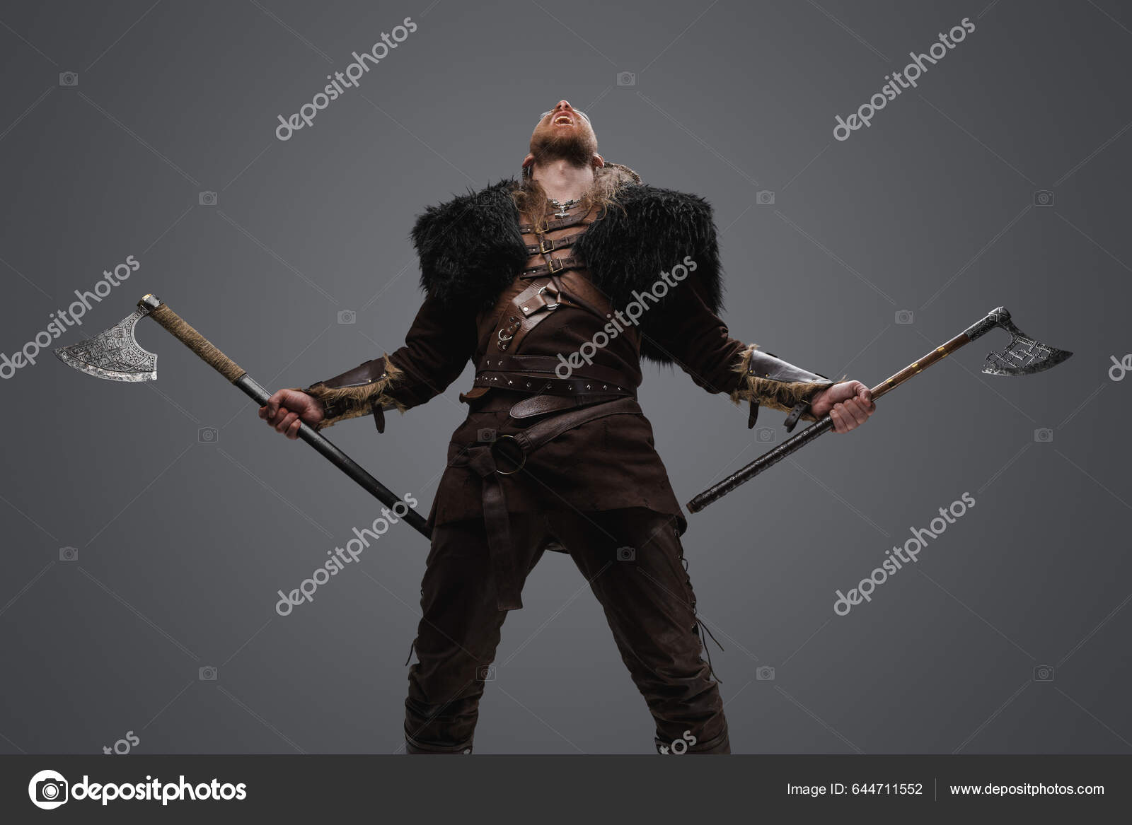 Studio Shot Screaming Viking Dual Axes Dressed Fur Leather Armor ...