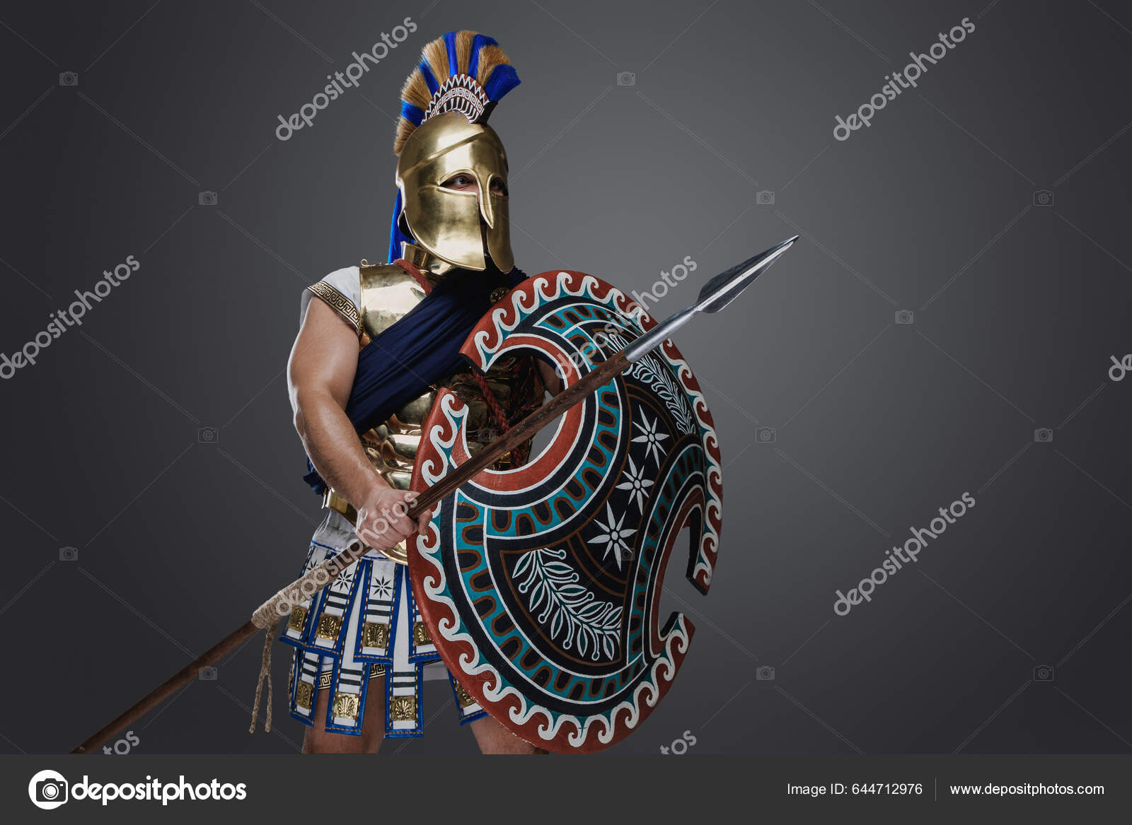 Shot Greek Soldier Dressed Helmet Armor Holding Long Spear Rounded ...