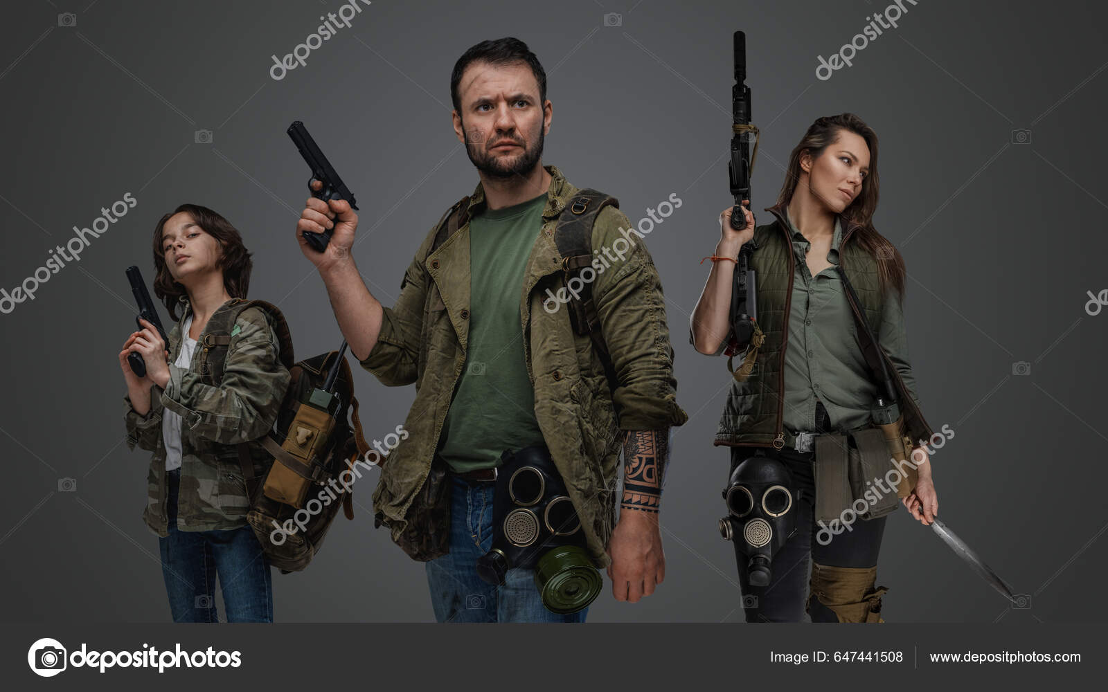 Portrait Three People Survivors Guns Post Apocalyptic Style — Stock ...