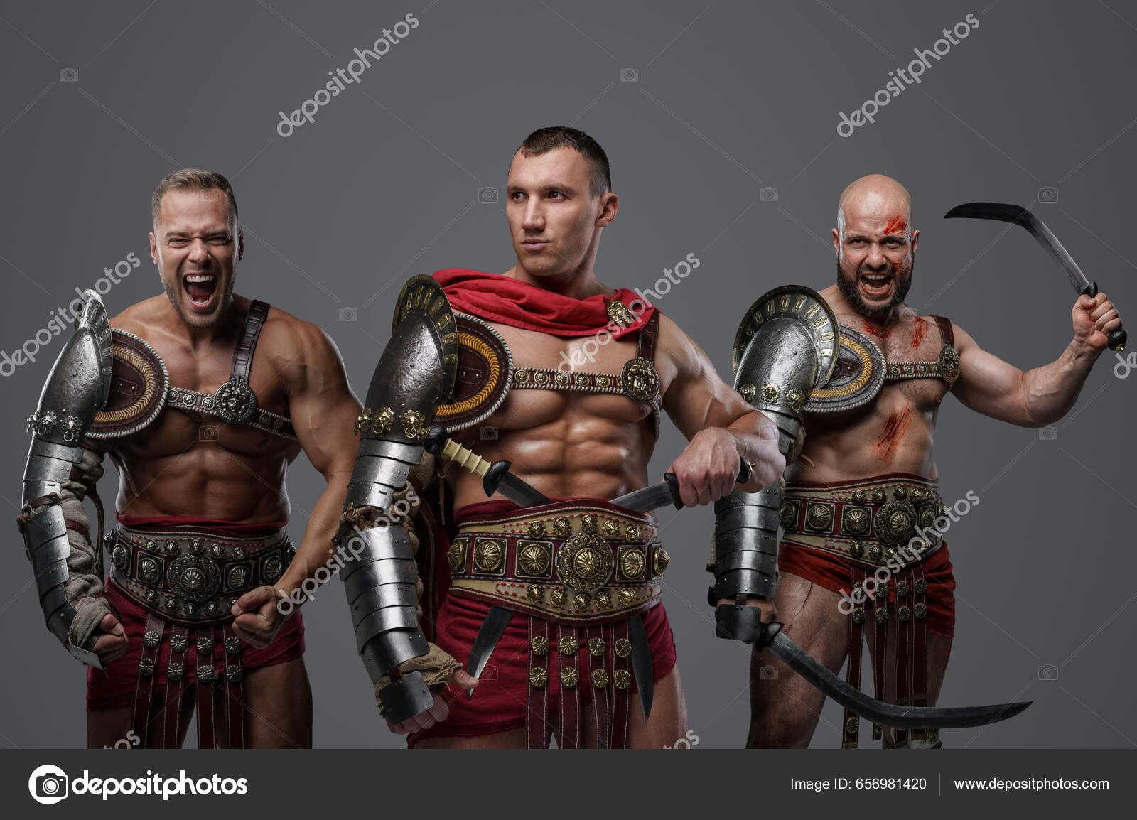 Shot Roman Gladiators Dressed Light Armour Screaming Camera — Stock ...