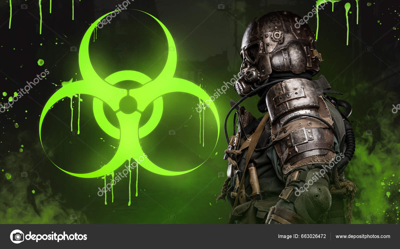 Post Apocalyptic World Soldier Wearing Unique Biological Armor Stands ...