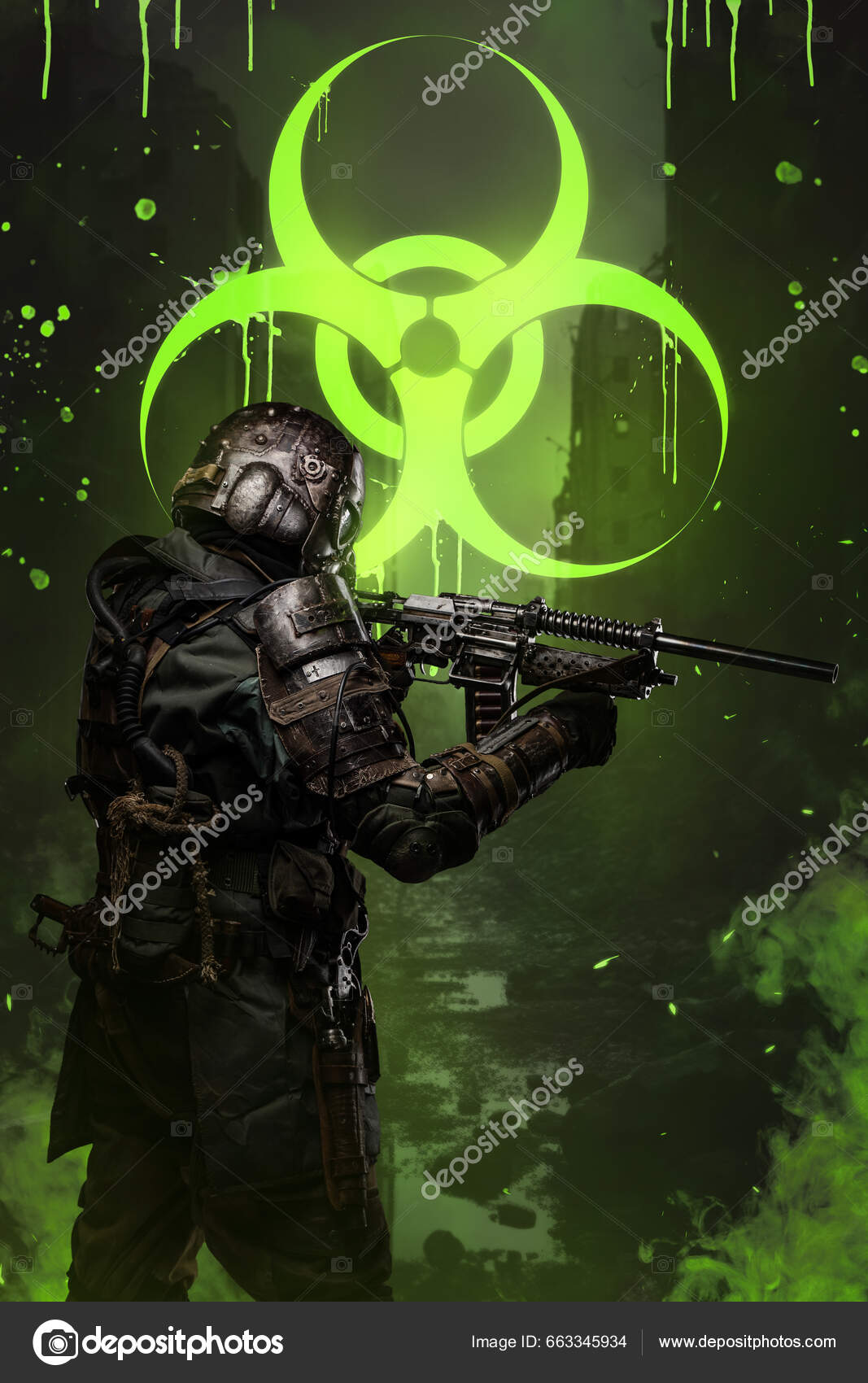 Post Apocalyptic Soldier Stands Surrounded Toxicity Holding Conceptual ...