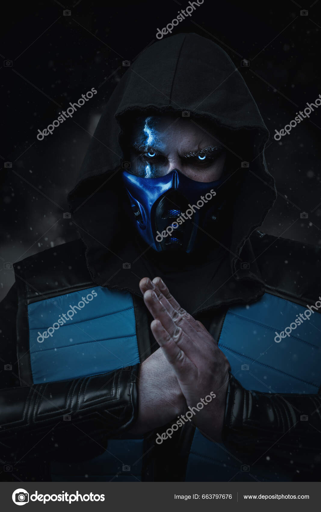 Shot Ice Assassin Dressed Hood Fist Palm Looking Camera – Stock ...