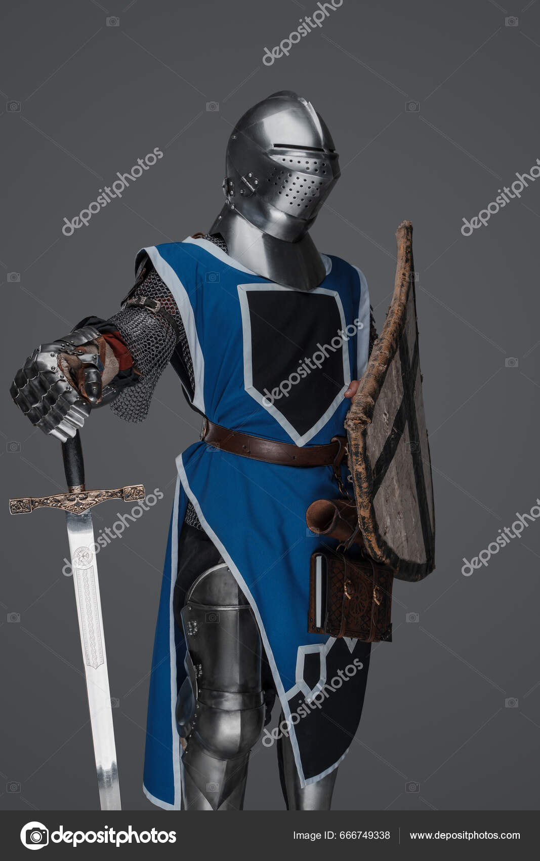 Medieval Guard Dressed Armor Blue Surcoat Holding Sword Standing Statue ...