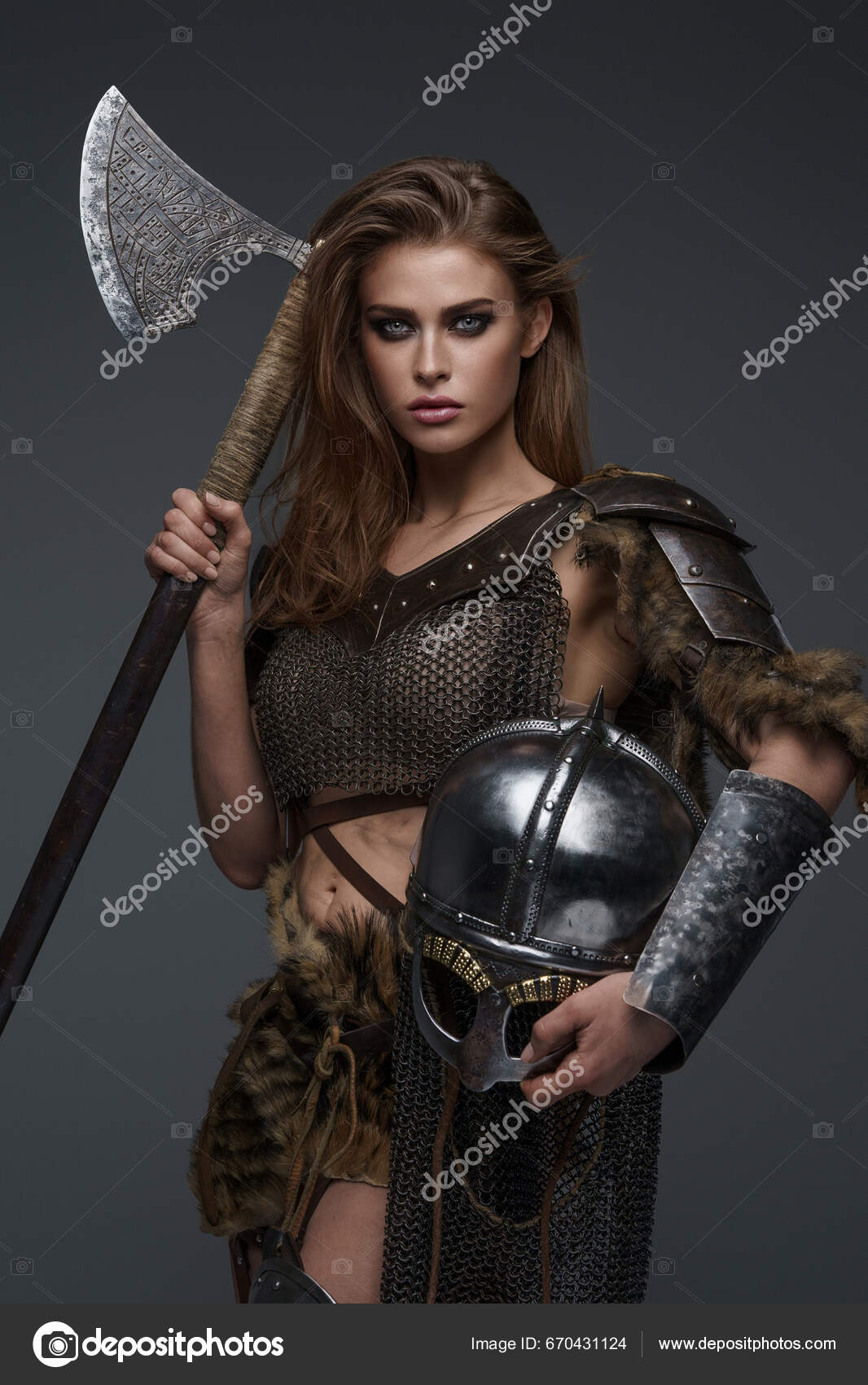Stunning Viking Model Chainmail Armor Fur Holding Axe Helmet Posing Stock Photo by ©fxquadro ...