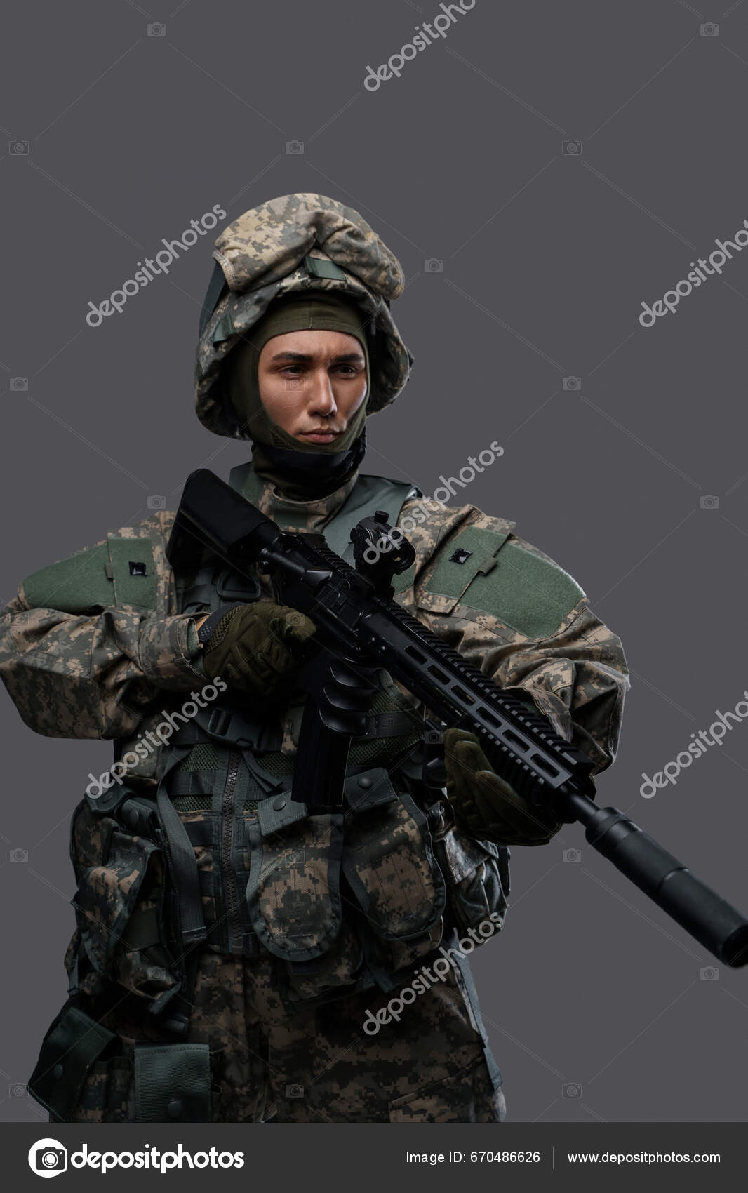 Military Man Gun Helmet Poses Ready Action Displaying Discipline Focus ...