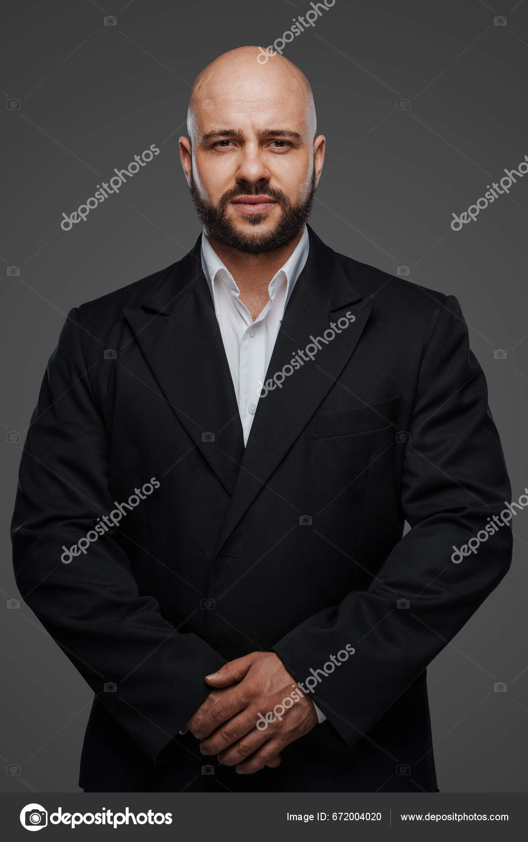 Bald Man Full Beard Black Suit Exuding Confidence Gray Studio Stock ...