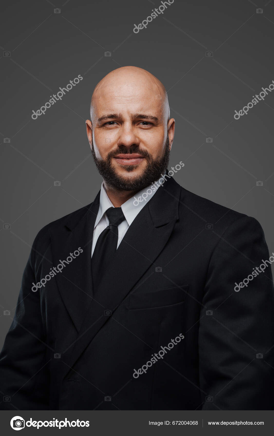 Stately Bald Man Full Short Beard Black Suit Tie Poses Stock Photo by ...