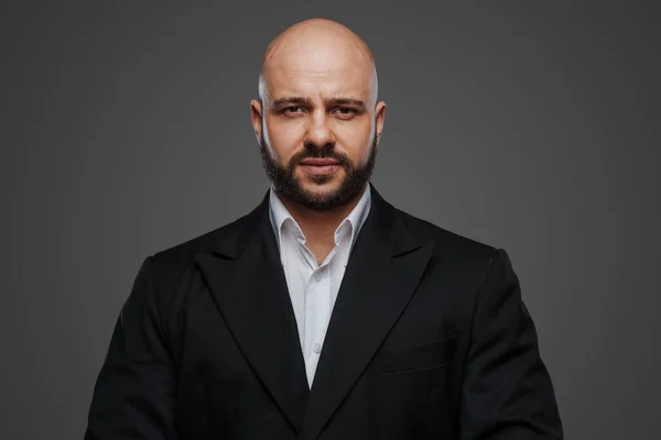 Stately Bald Man Full Short Beard Black Suit Tie Poses Stock Photo by ...